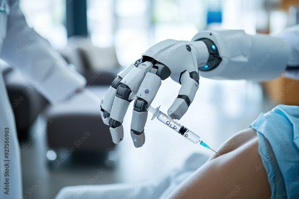 An AI-driven robotic arm administering an injection to a patient under ...