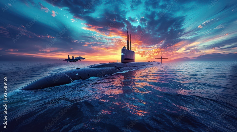 Submerged in Power: Military Nuclear Submarine and Fighter Jet in Ocean ...