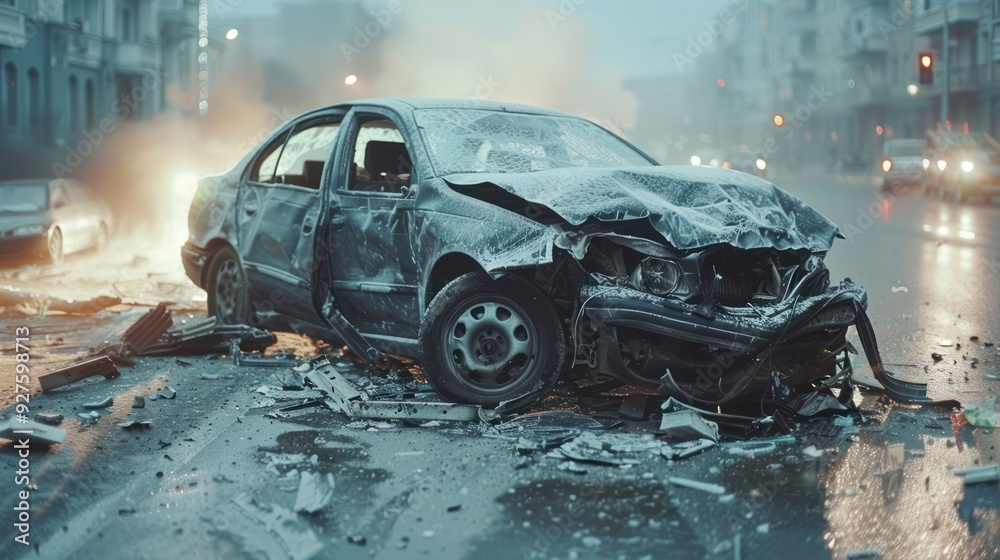 Perilous aftermath of devastating car crash on roadway - scene of ... Perilous aftermath of devastating car crash on roadway - scene of ...