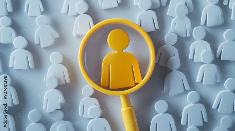 Crm concept yellow human icon in magnifier glass among white icons for ...