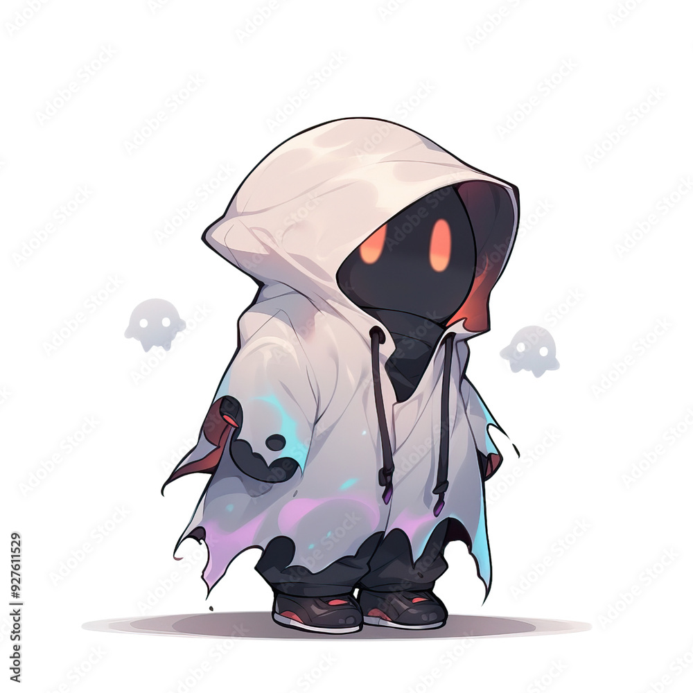 Stockillustratie This charming cartoon illustration depicts a small, adorable ghost covered in a ...