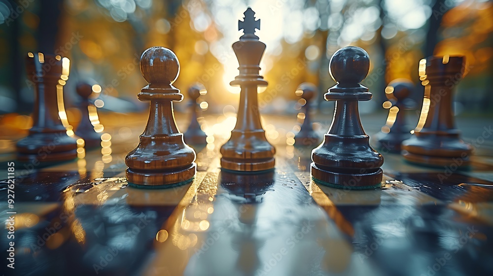 A chessboard captured in natural daylight, with the final checkmate ...