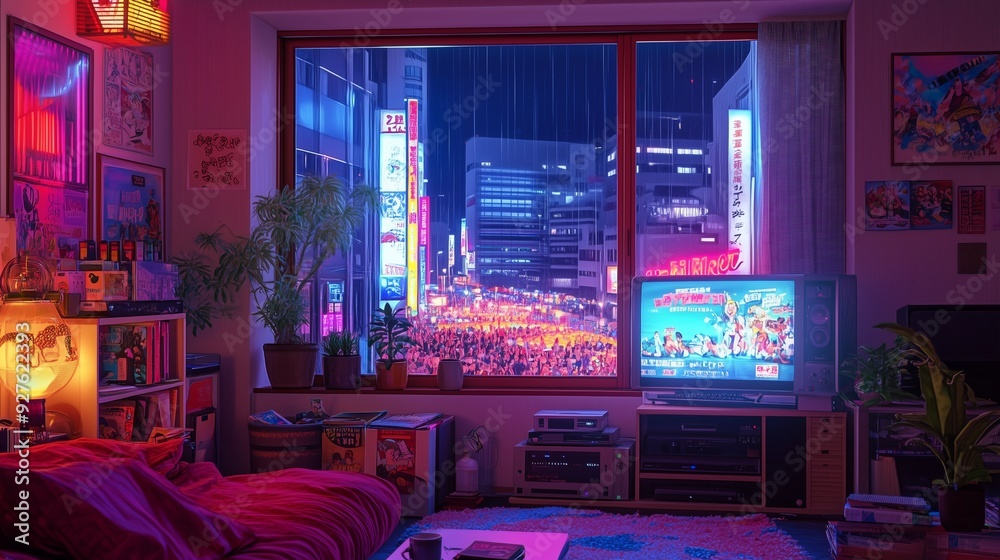 Neon City Lights - Urban Nightlife from a Retro Room, urban view, night ...