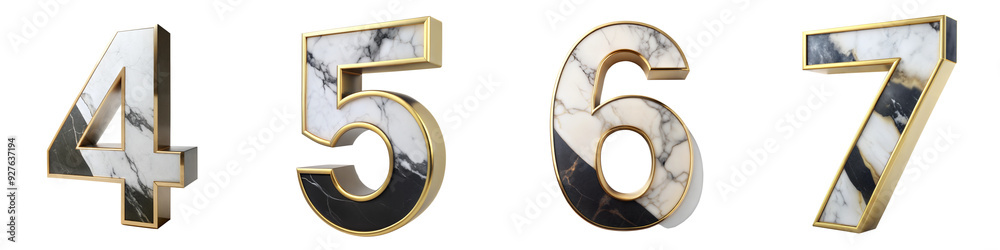 Elegant marble numbers 4 to 7 with gold trim on a transparent ...