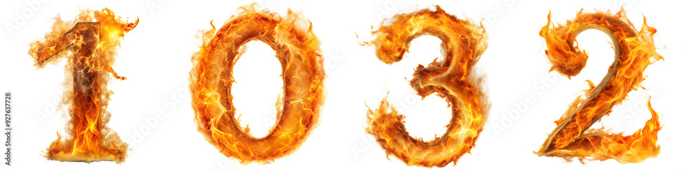 Fiery numbers 1, 0, 3, and 2 ablaze with vibrant flames on a ...