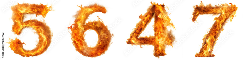 Fiery numbers 5, 6, 4, 7 ablaze with realistic flames on a transparent ...