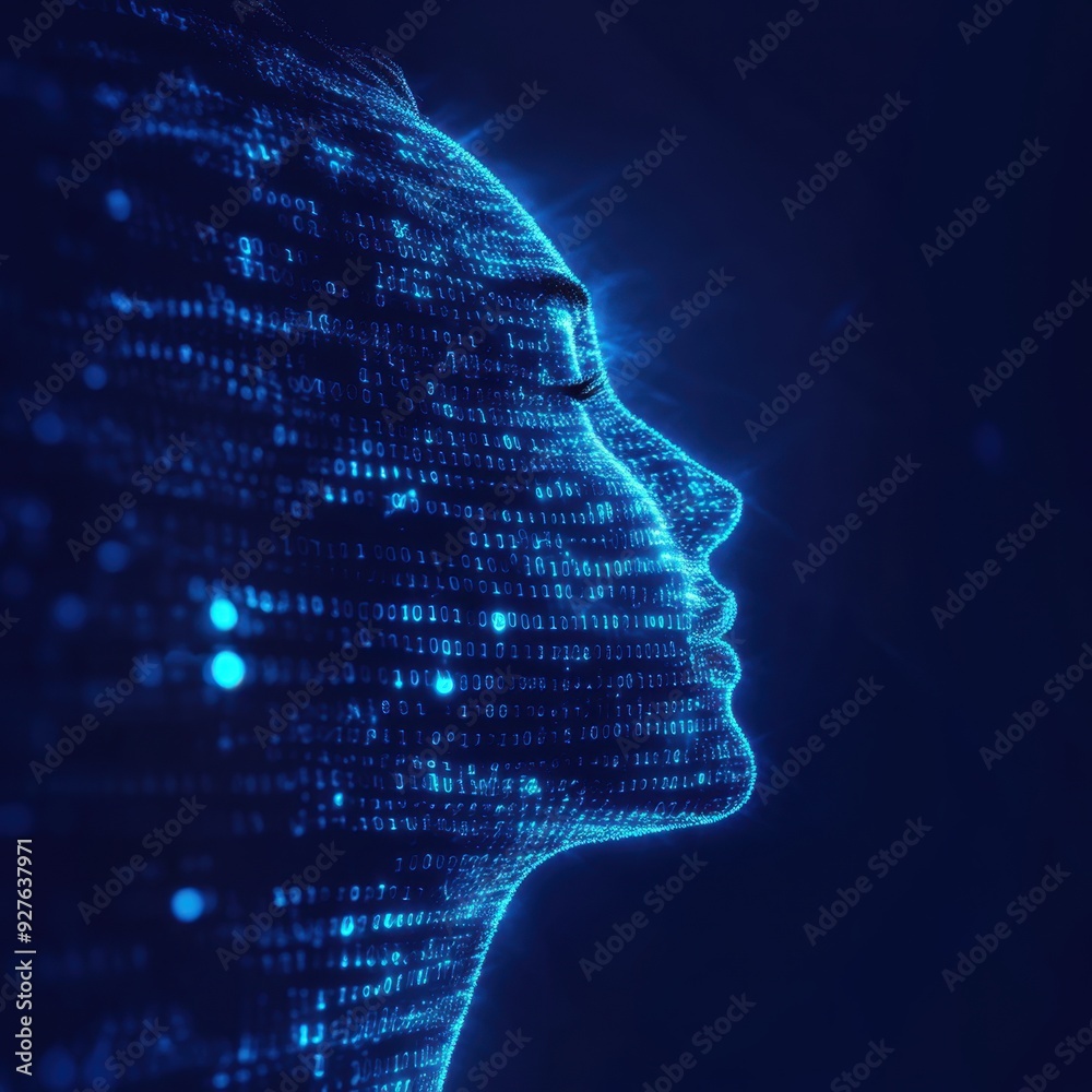 An abstract glowing digital profile against a deep blue background ...