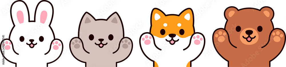 Cute cartoon animals with raised paws for hug. Bunny, cat, dog and bear ...
