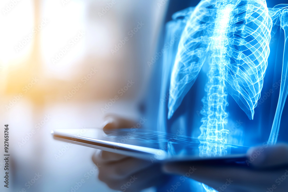Healthcare professional analyzing a digital image of a human chest ...