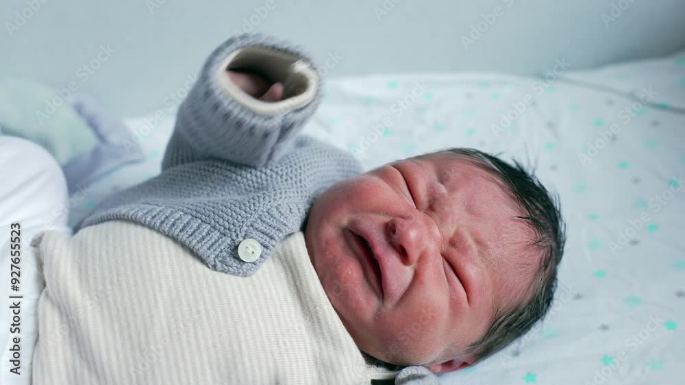 Close-up of a newborn baby crying with eyes tightly shut and face ...