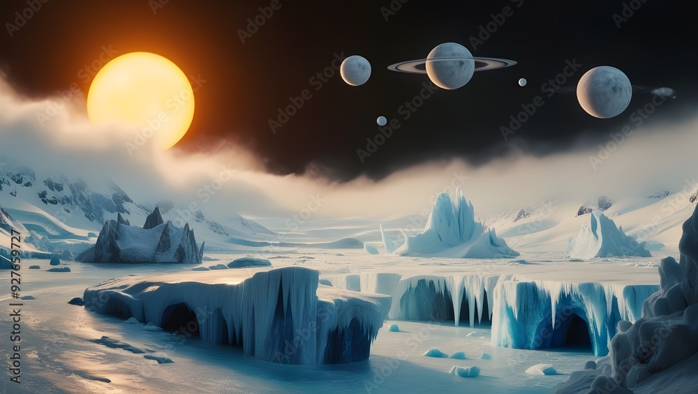 Astronomical design of a frozen world, its surface covered in ice ...