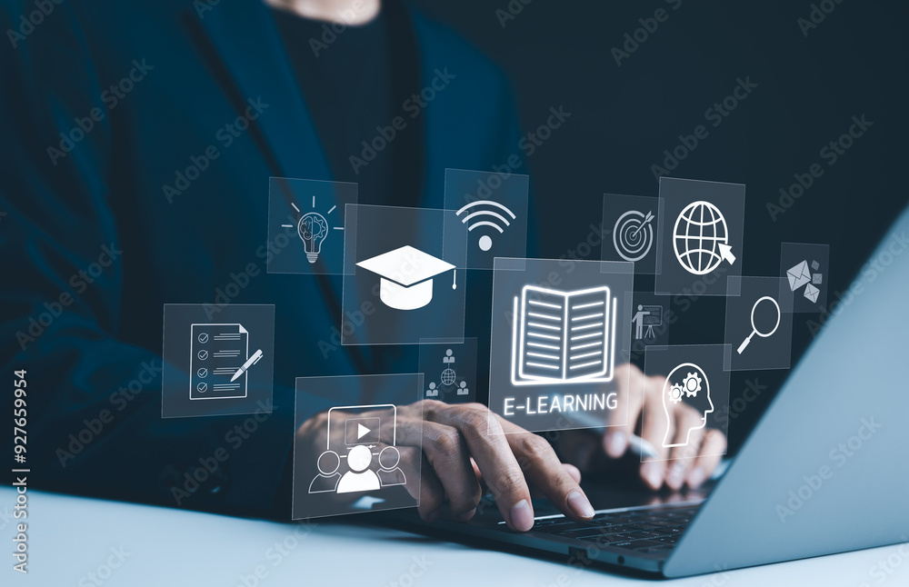 Learn through online education. e-learning concept. A man with e ...