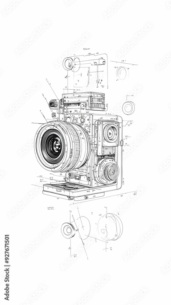 High-Resolution Black and White Line Drawing of Exploded Camera View ...