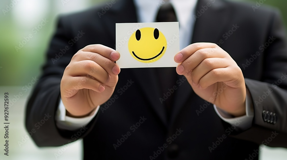 Asia, a man in a suit holding up a card with a smiley face on ...