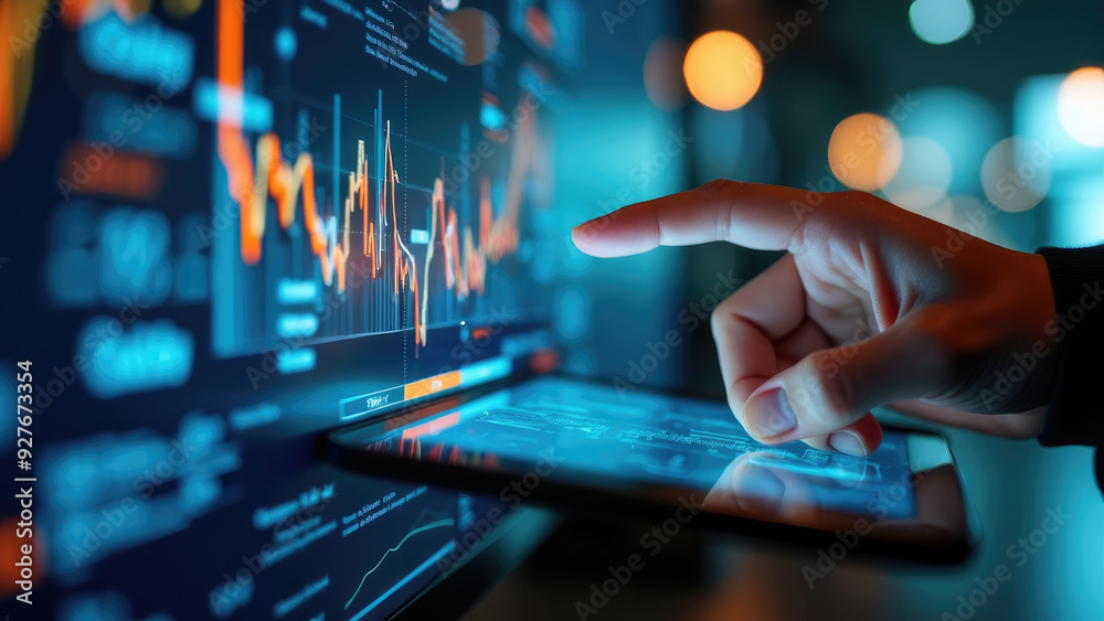 An advanced data analytics interface displayed on a futuristic touch ...