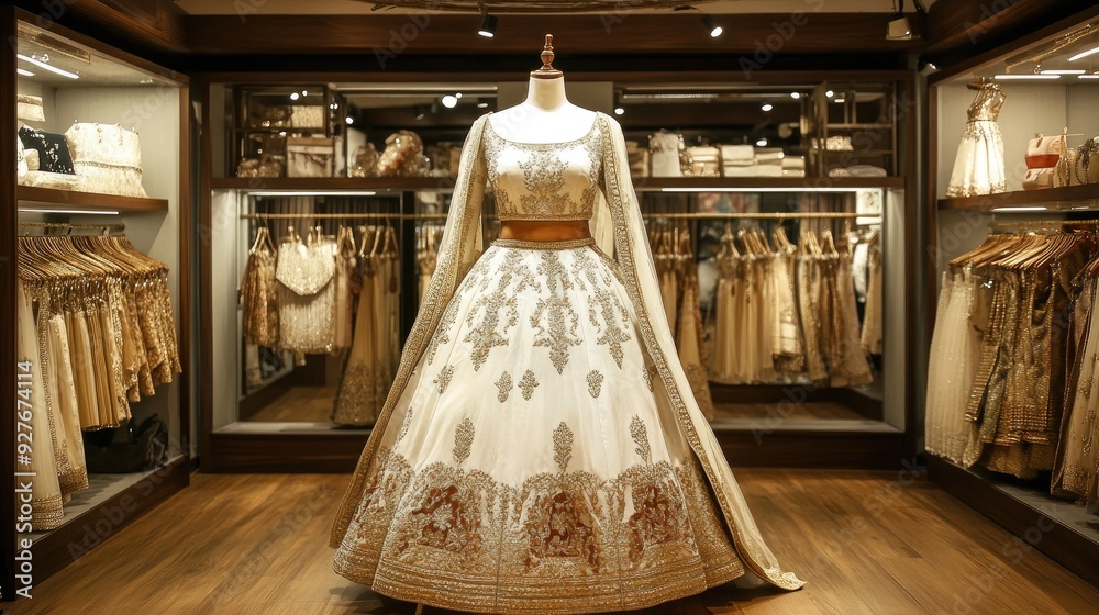 A luxurious white and gold bridal lehenga on display in an upscale ...