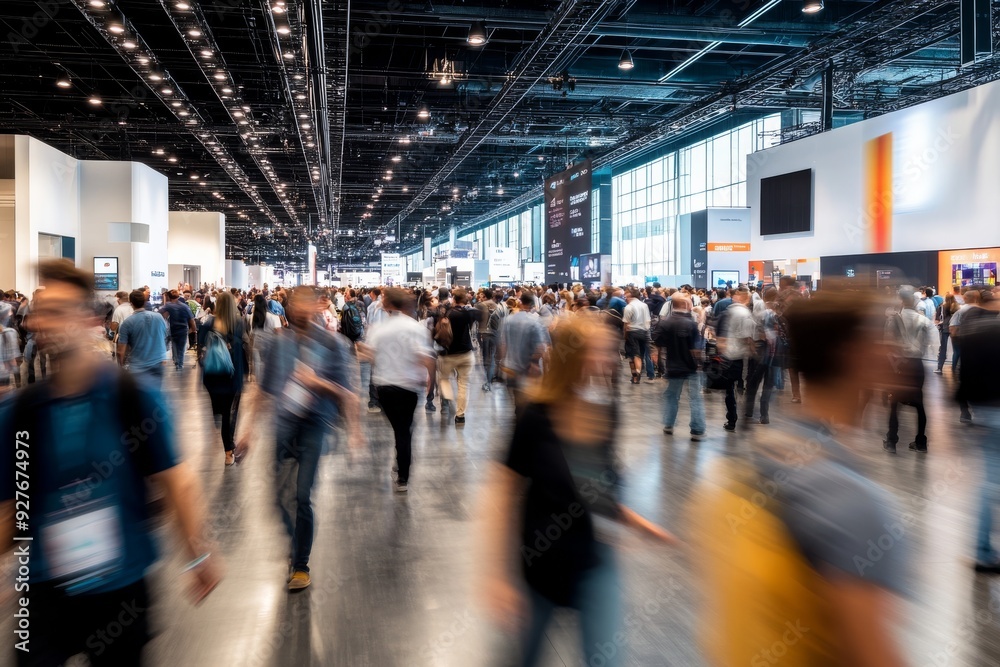 Crowds of attendees navigate through a busy convention hall, engaging ...