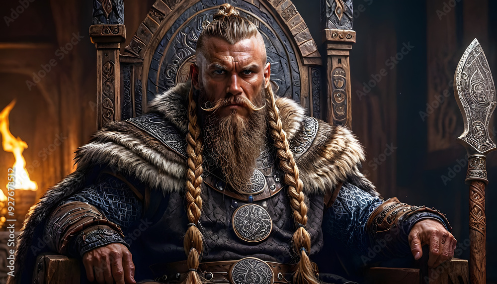 Fierce Viking Warrior King Sitting on Throne in Medieval Hall: Symbol ...