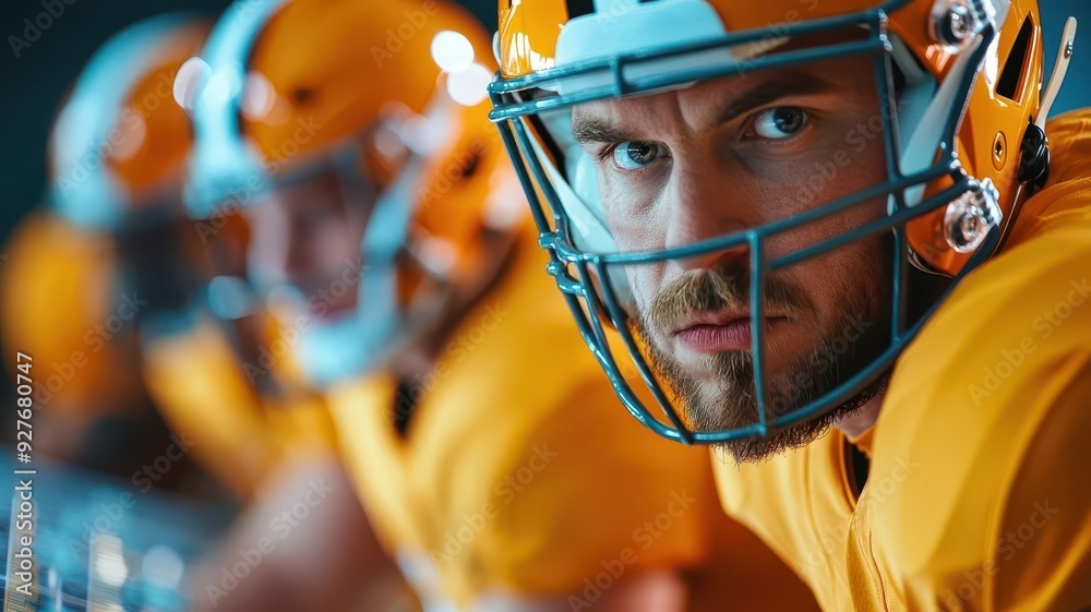 Intense football coach giving strategic instructions to players on a ...
