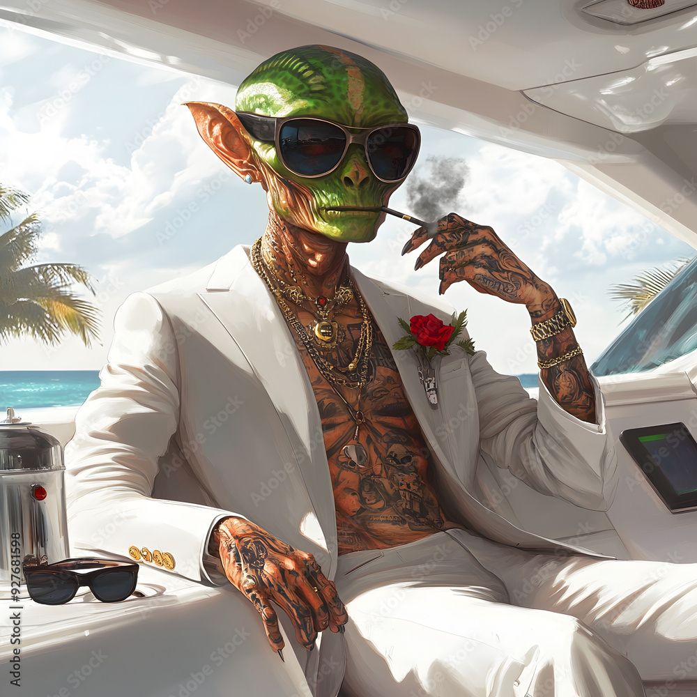 Rich gangster alien in a white suit, on a yacht with tattoos and ...