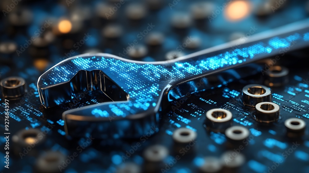 blue digital hand gripping a wrench spanner with illuminated binary code, symbolizing predictive ...