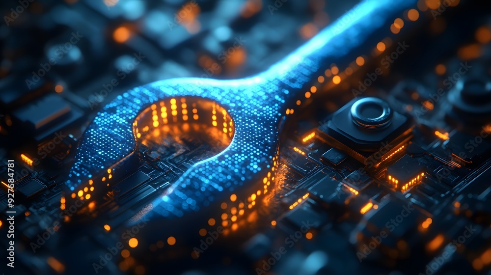 blue digital hand gripping a wrench spanner with illuminated binary ...