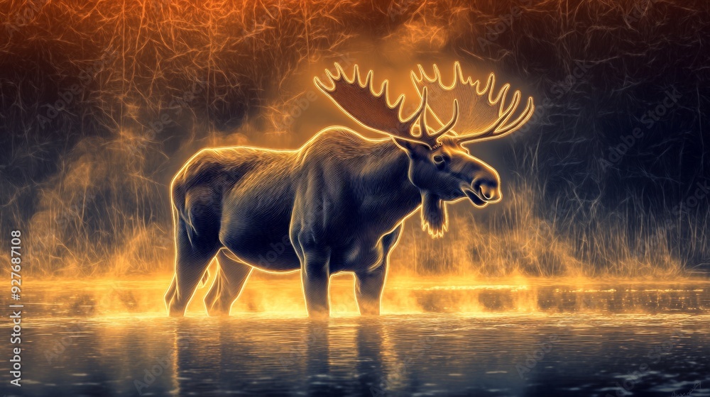 Neon Line Art of a moose standing in a shallow river, with mist rising ...
