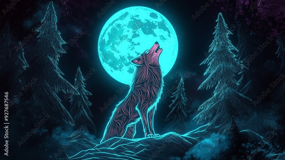 Neon Line Art of a wolf howling at the moon, with trees casting shadows ...