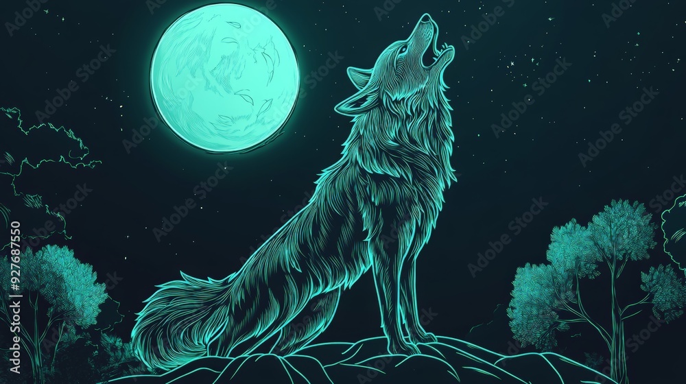 Neon Line Art of a wolf howling at the moon, with trees casting shadows ...