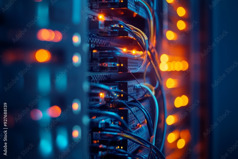 The intricate network of glowing cables in a server rack illustrates ...