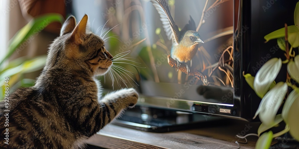 professional photo of cat attacking TV, bird on TV --ar 2:1 Job ID ...