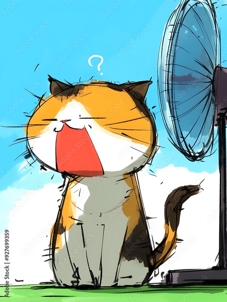 cartoon cat sitting in front of a fan with a question mark on its face ...
