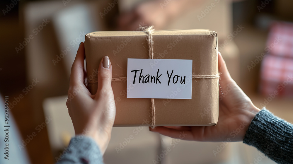 Hands holding a package with a "Thank You" note attached, representing ...