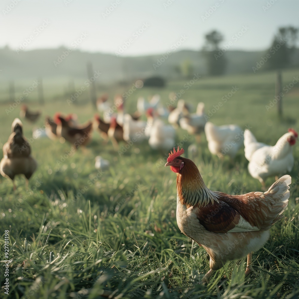 Organic free-range chicken farm with hens roaming freely, green ...
