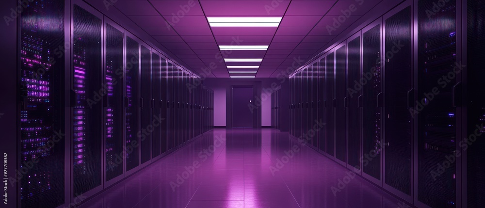 Purple-Lit Server Room Corridor with Rows of Black Cabinets Stock ...