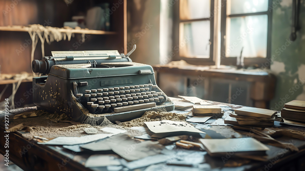 Abandoned office room with an old typewriter and computer covered in dust and cobwebs. Papers ...