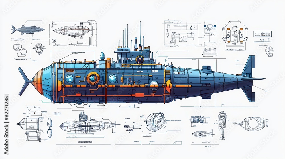 A detailed illustration of a submarine with technical schematics and ...