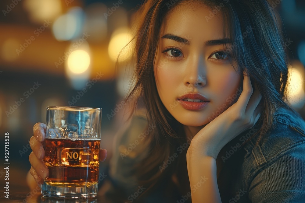 Asian Woman Holding Up Hand to Stop Glass of Whiskey, Displaying ...