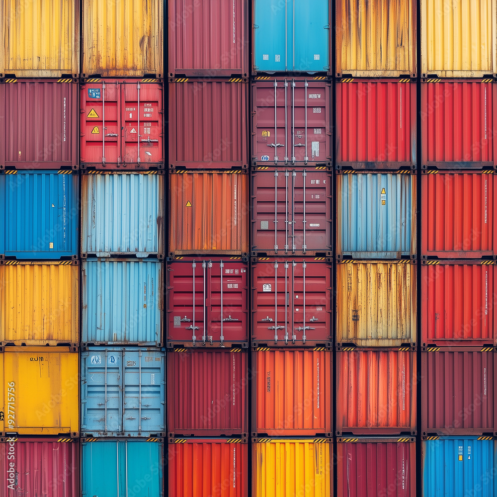 Wall of colorful shipping containers is tightly stacked, ready for ...