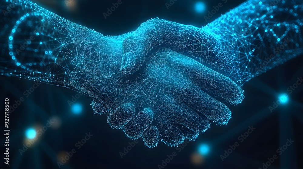 Glowing binary code forming a digital blue handshake, representing artificial intelligence in ...