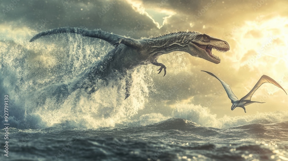 A massive Mosasaurus rises from the ocean waves, with a dramatic sky ...