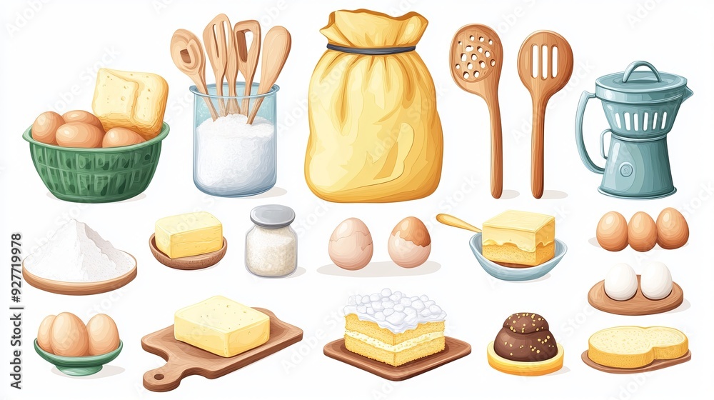 Cartoon isolated kitchen set up with ingredients for baking cake for ...