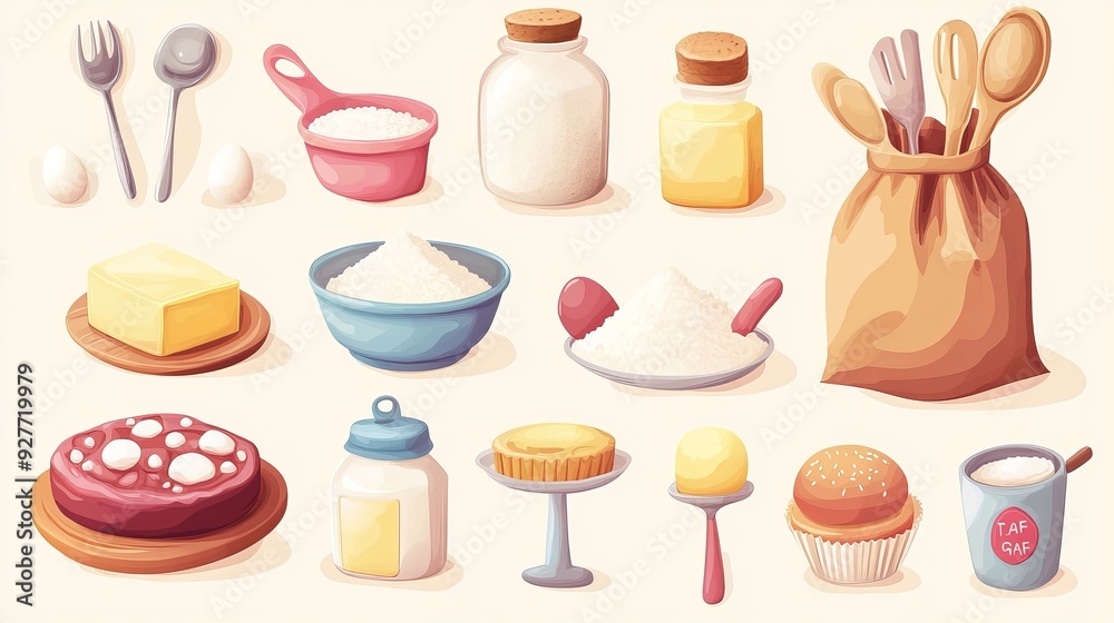 Cartoon isolated kitchen set up with ingredients for baking cake for ...