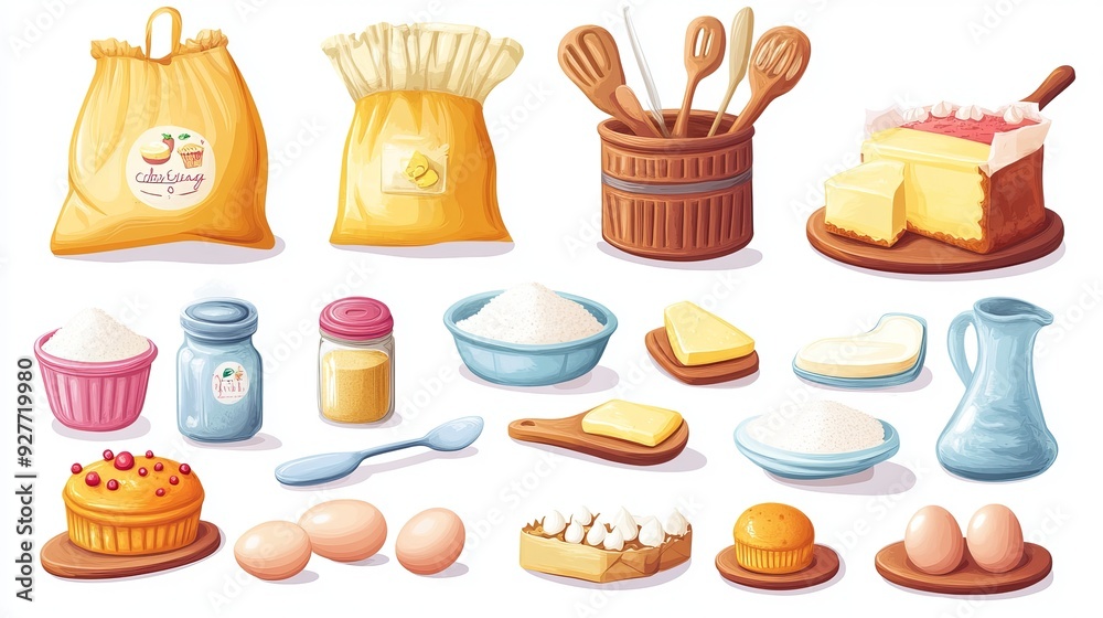 Cartoon isolated kitchen set up with ingredients for baking cake for ...
