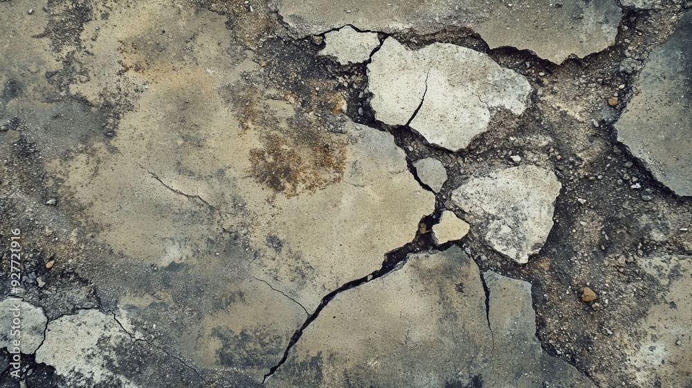 fractured floor surface. large pits and cracks in the concrete floor ...