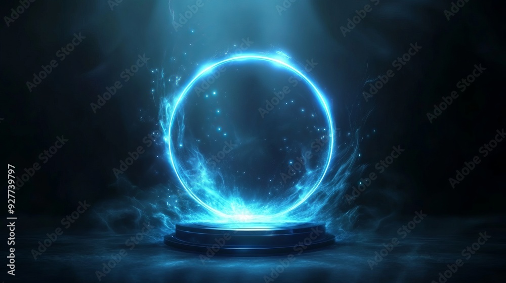 Portal light effect on a dark background. Light bright blue swirl ...