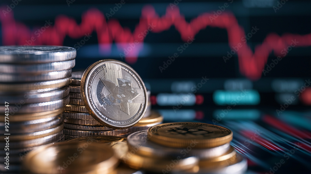 Silver and gold coins stacked with a sharp, jagged stock market graph ...
