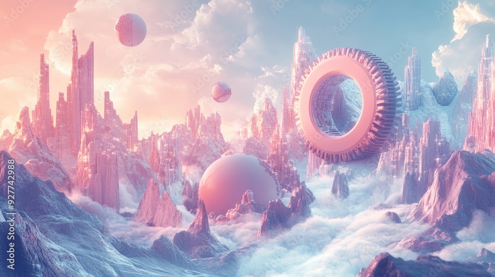 Little abstract scene with pastel-colored engine gears and surreal ...