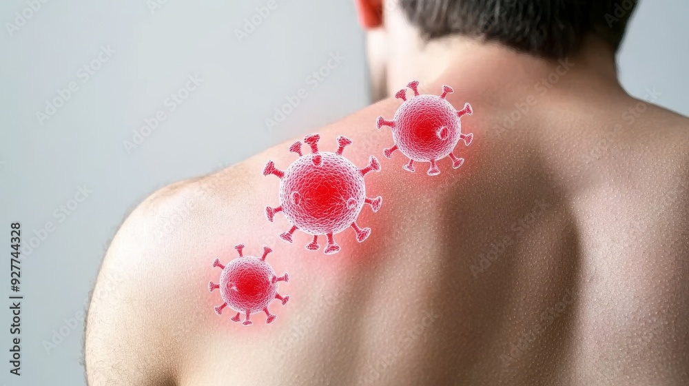 Monkeypox, Close-up of a medical illustration showing a characteristic ...