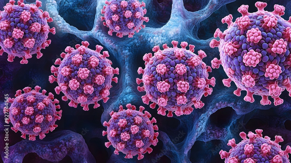 Human Papillomavirus (HPV) depicted on skin cells, with a close-up ...